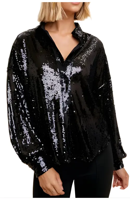 KNIT & LOUNGE Long Sleeve Sequin Button-down Blouse