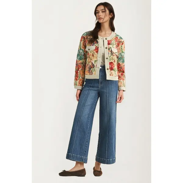 KNIT & LOUNGE Floral Tapestry Cropped Jacket - Beige/floral Tapestry