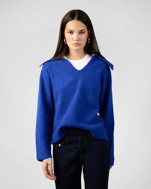 WeWoreWhat Collared V-neck Ribbed Sweater