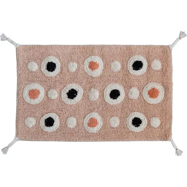 STORIED HOME Boho Cotton Tufted Bath Mat With Circle Pattern And Tassels - Pink