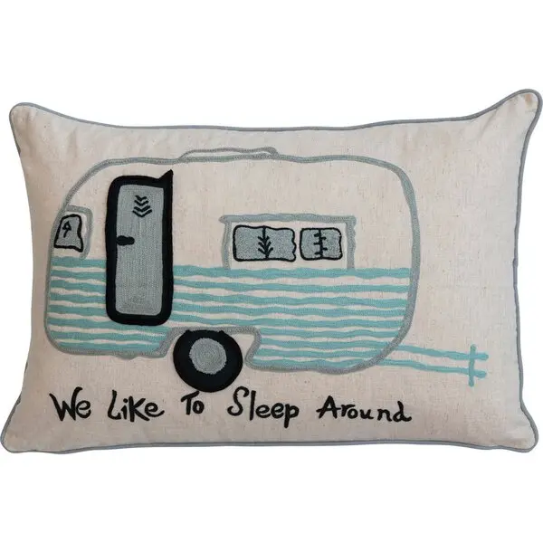 STORIED HOME Cotton Lumbar Pillow Cover With Embroidered Camper Design And Message - White