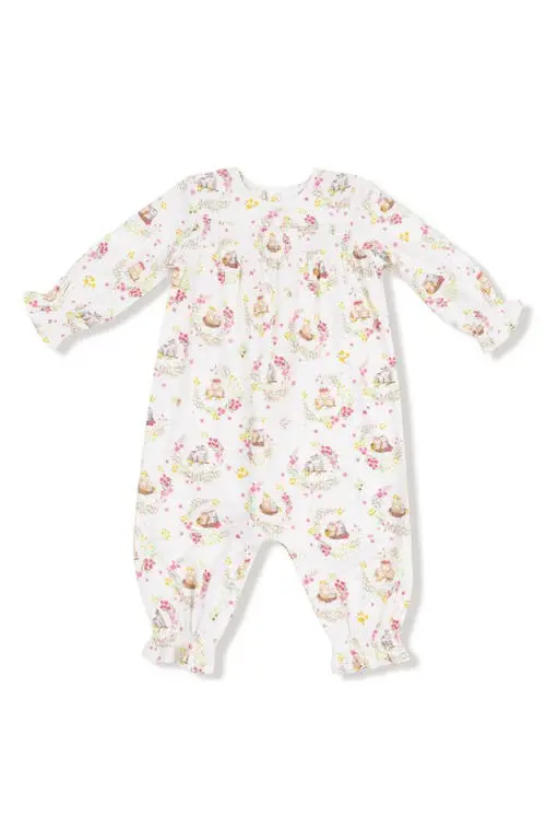 ANGEL DEAR Floral Owl Print Smocked Romper - Ivory