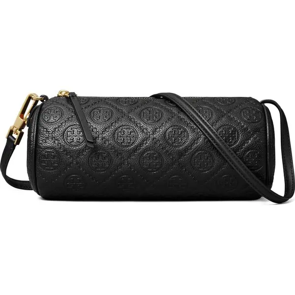 Tory Burch T Monogram Pebble Leather Cylinder Shoulder Bag - Black