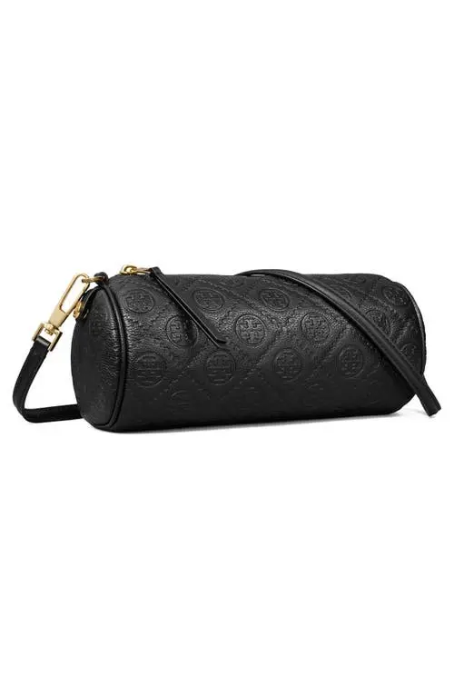Tory Burch T Monogram Pebble Leather Cylinder Shoulder Bag - Black