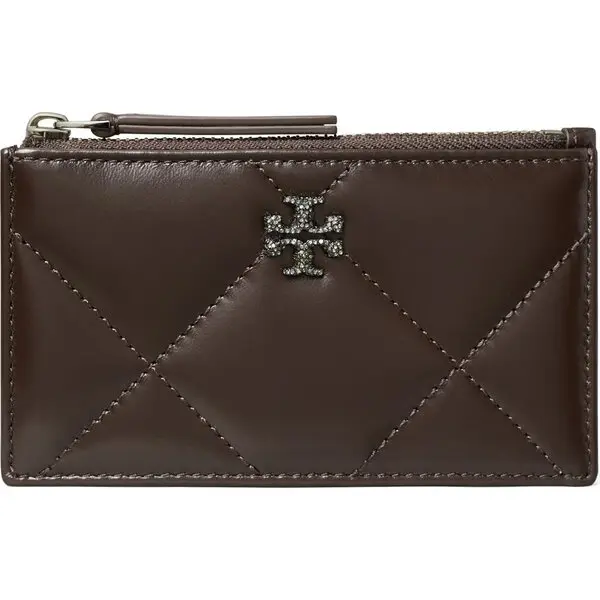 Tory Burch Small Kira Pavé Diamond Quilted Leather Card Case - Cocoa