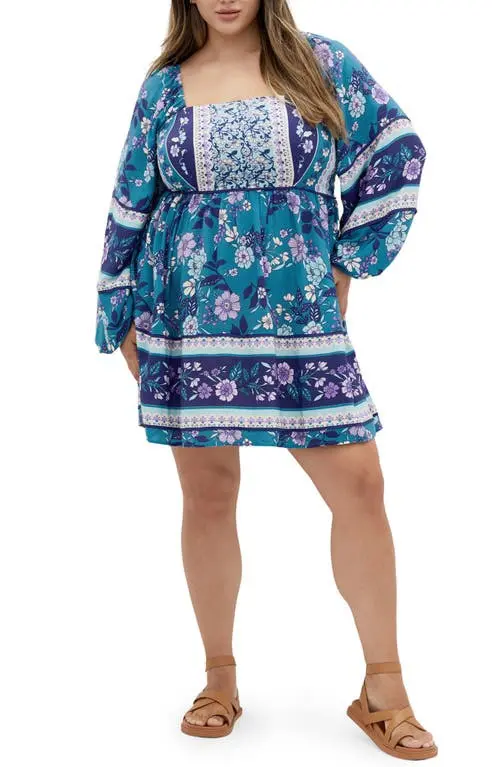 City Chic Rose Print Long Sleeve Minidress - Blue Border