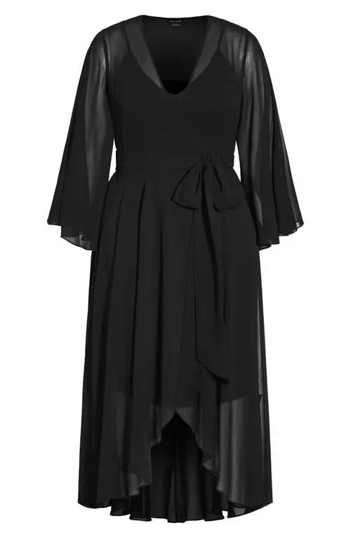 City Chic Long Sleeve Sheer Chiffon Maxi Wrap Dress - Black