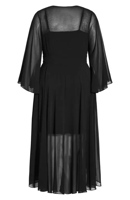 City Chic Long Sleeve Sheer Chiffon Maxi Wrap Dress - Black