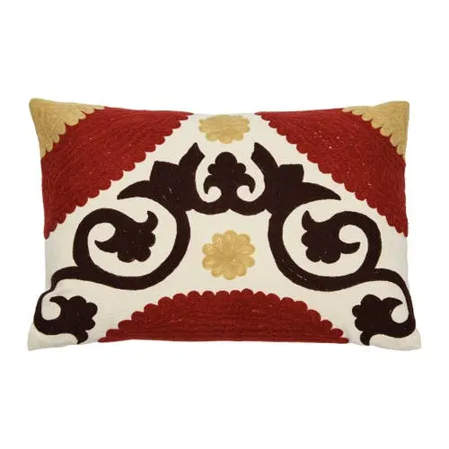 STORIED HOME Cotton Embroide Lumbar Pillow With Suzani Embroidery - Red