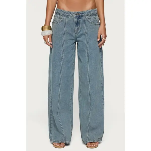 EDIKTED Stitch Pleat Low Rise Wide Leg Jeans