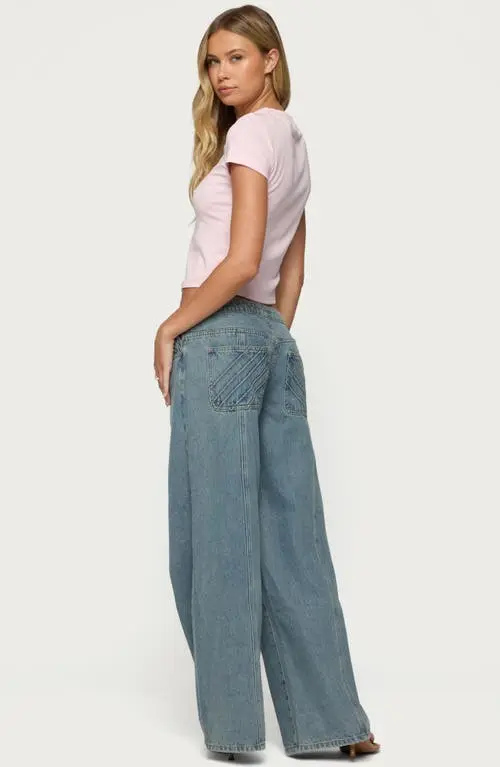 EDIKTED Stitch Pleat Low Rise Wide Leg Jeans