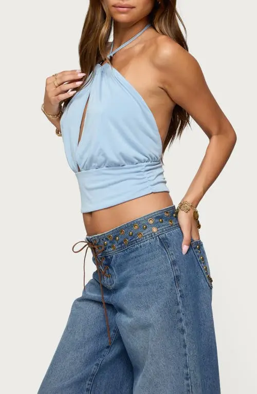 EDIKTED Khalia Cutout Open Back Crop Halter Top - Light-blue
