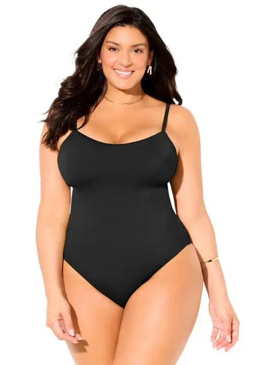 SWIMSUITS FOR ALL Tank One-piece Swimsuit With Shirring And Tummy Control - Black