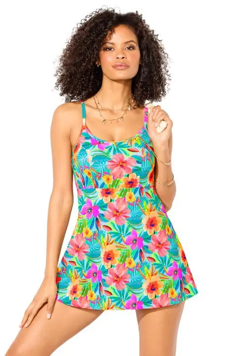 SWIMSUITS FOR ALL Chlorine Resistant Swimdress - Aqua Tropical