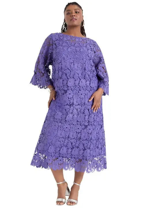 JUNE & VIE June + Vie Bell Sleeve Lace Midi Dress - Blue Iris