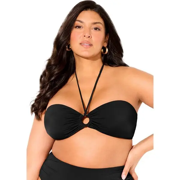 SWIMSUITS FOR ALL Ruched Ring Bandeau Bikini Top - Black