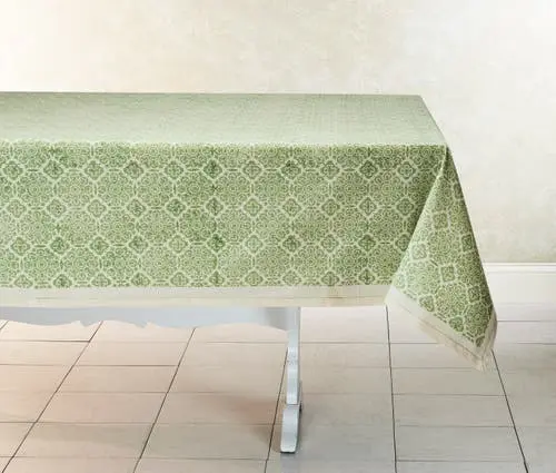 SUSTAINABLE THREADS Hand Block Printed Tablecloth60" X 60 - Mosaic Sage