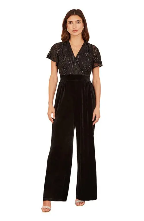 YUMI Sequin Embellished Velvet Jumpsuit - Black