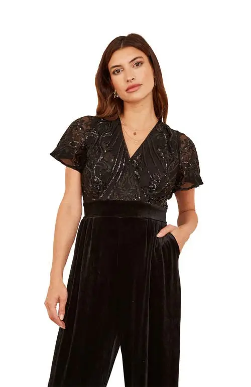 YUMI Wrap Sequin Embellished Velvet Jumpsuit - Black
