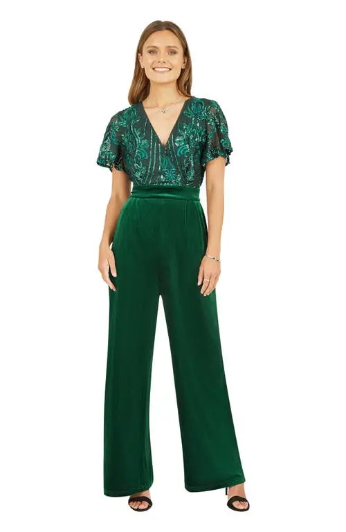YUMI Wrap Sequin Embellished Velvet Jumpsuit - Green