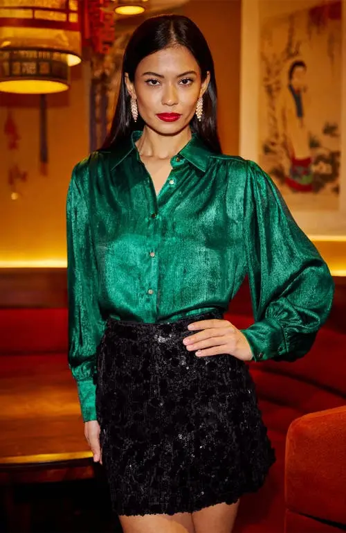 YUMI Metallic Relaxed Balloon Sleeve Shirt - Green