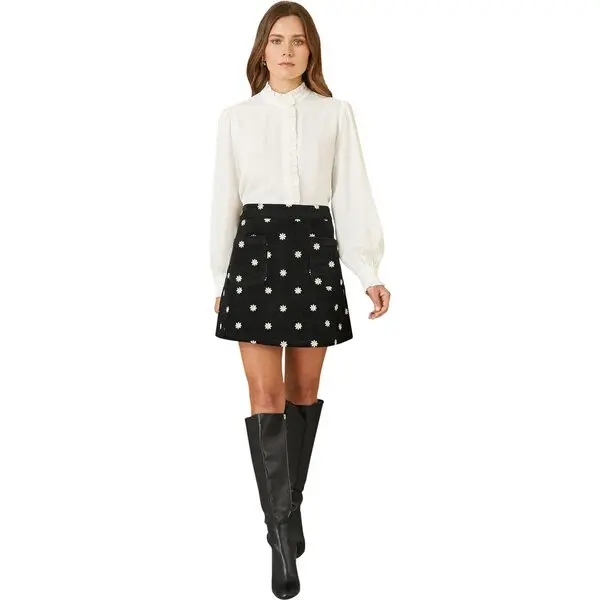YUMI Corduroy Daisy Mini Skirt - Black