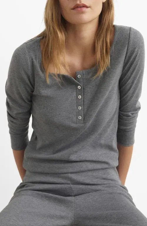 Mango Rib Knit Pajama Henley - Medium Heather Grey
