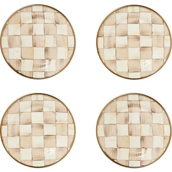 MACKENZIE-CHILDS Check Set Of 4 Enameled Steel Appetizer Plates - Mocha