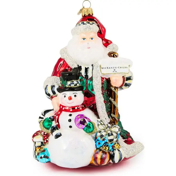 MACKENZIE-CHILDS Santa & Snowman Glass Ornament - White