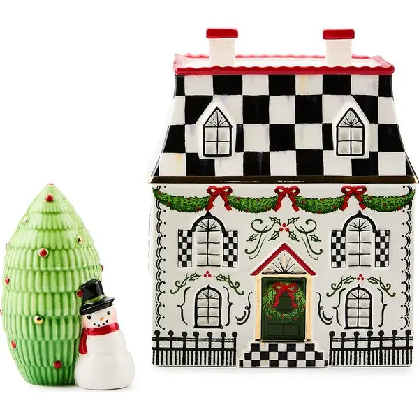 MACKENZIE-CHILDS Holly Village Illuminated Ceramic Gingerbread Villa & Tree - White