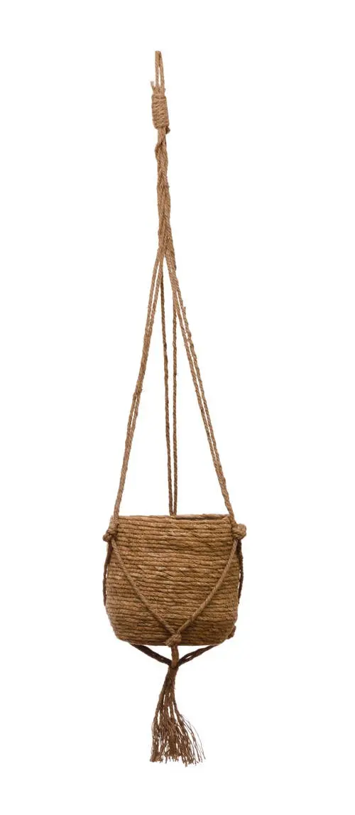 STORIED HOME Round Hanging Straw Planter With Long Jute Rope And Tassel - Natural