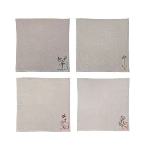 STORIED HOME 18 Inches Square Cotton And Linen Napkins With Flower Embroidery And French Knot Design For Party And Kitchen - Natural