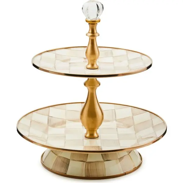 MACKENZIE-CHILDS Royal Check Enameled Steel 2-tier Sweet Stand - Mocha