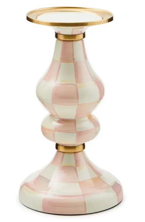 MACKENZIE-CHILDS Check Medium Pillar Candleholder - Rosy