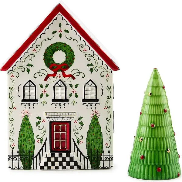 MACKENZIE-CHILDS Holly Village Illuminated Cermaic Gingerbread House & Tree - White