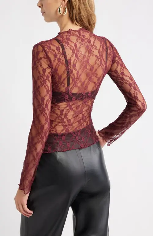 OPEN EDIT Floral Stretch Lace Top - Burgundy Tannin