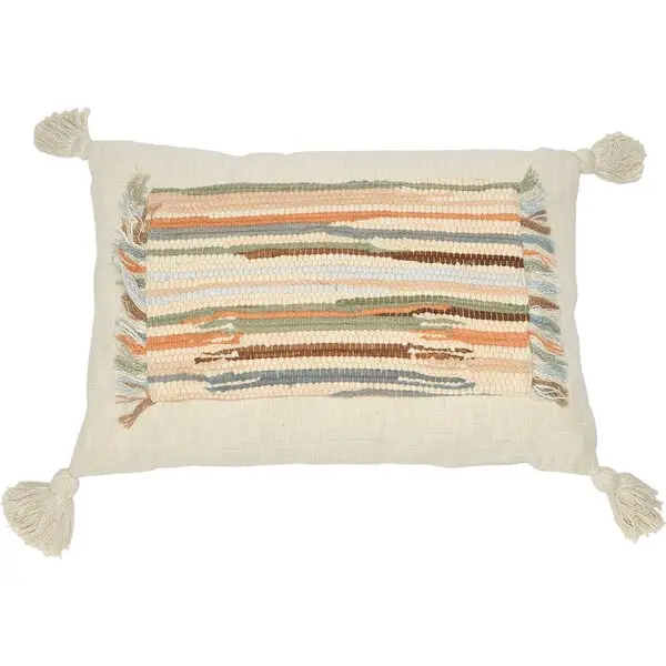 STORIED HOME Woven Cotton Slub Lumbar Pillow With Applique, Fringe And Tassels - Cream