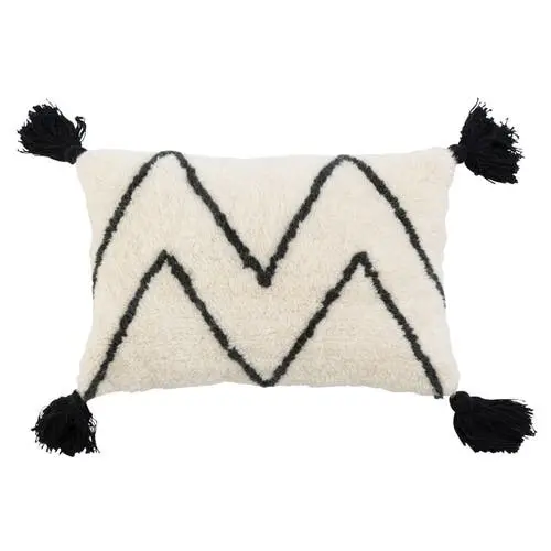STORIED HOME Bloomingville Wool Blend Tufted Lumbar Pillow With Chevron And Tassels - Cream