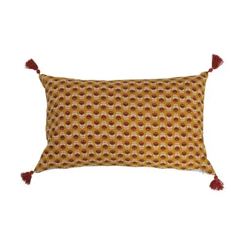 STORIED HOME Cotton Slub Lumbar Pillow With Floral Pattern And Tassels - Yellow