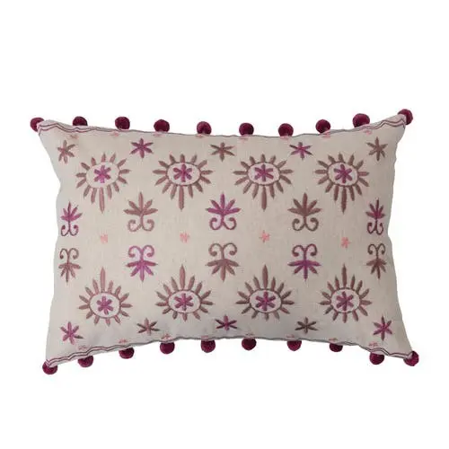 STORIED HOME Cotton Linen Lumbar Pillow With Embroidery And Pom Poms - Cream
