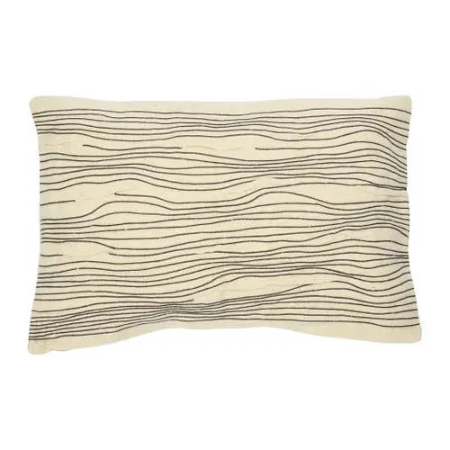 STORIED HOME Cotton And Jute Lumbar Pillow With Embroidered Lines - Cream