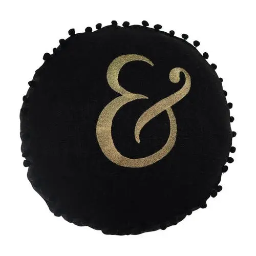 STORIED HOME 16" Round Embroidered Pillow With Pom Pom Trim "&" Design In Gold Script - Black
