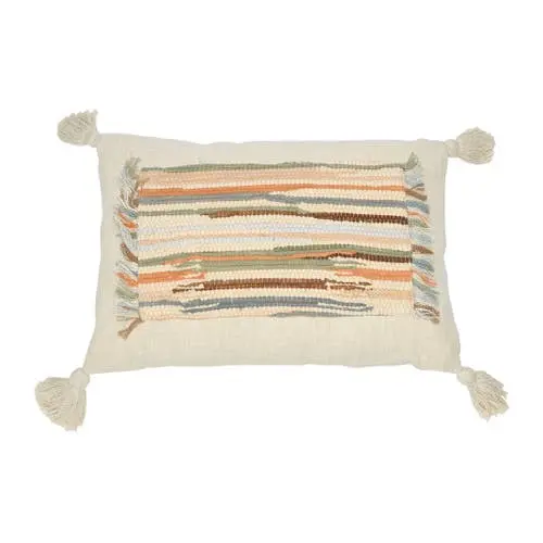 STORIED HOME Woven Cotton Slub Lumbar Pillow With Applique - Cream