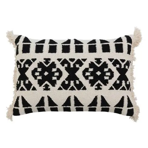 STORIED HOME Bloomingville Handwoven Cotton Kilim Lumbar Pillow Cover With Pattern And Fringe - Black
