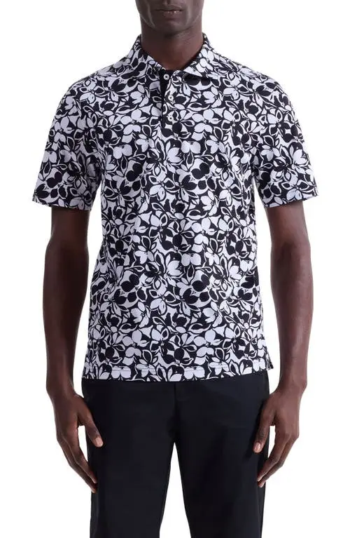 Bugatchi Hendrix Digital Monochromatic Floral Print Pima Cotton Polo - Black