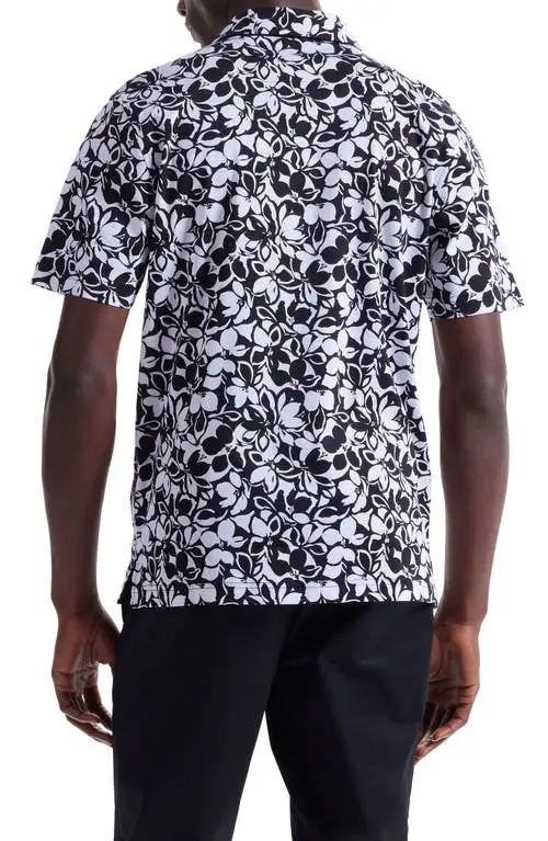 Bugatchi Hendrix Digital Monochromatic Floral Print Pima Cotton Polo - Black