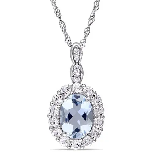 JULIANNA B. Gemstone And Diamond Oval Halo Necklace - Aquamarine/white Gold