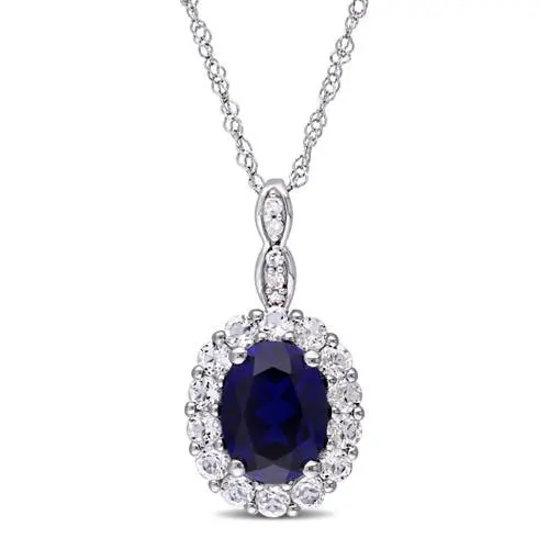 JULIANNA B. Gemstone And Diamond Oval Halo Necklace - Created Sapphire/white Gold
