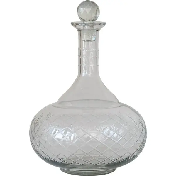 STORIED HOME Round Reclaimed Etched Glass Decanter With Tall Neck - Clear