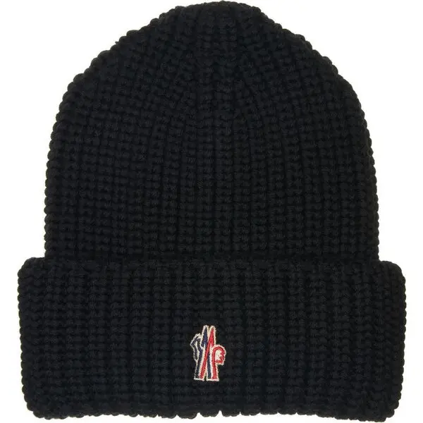 Moncler Logo Patch Virgin Wool Beanie - Black